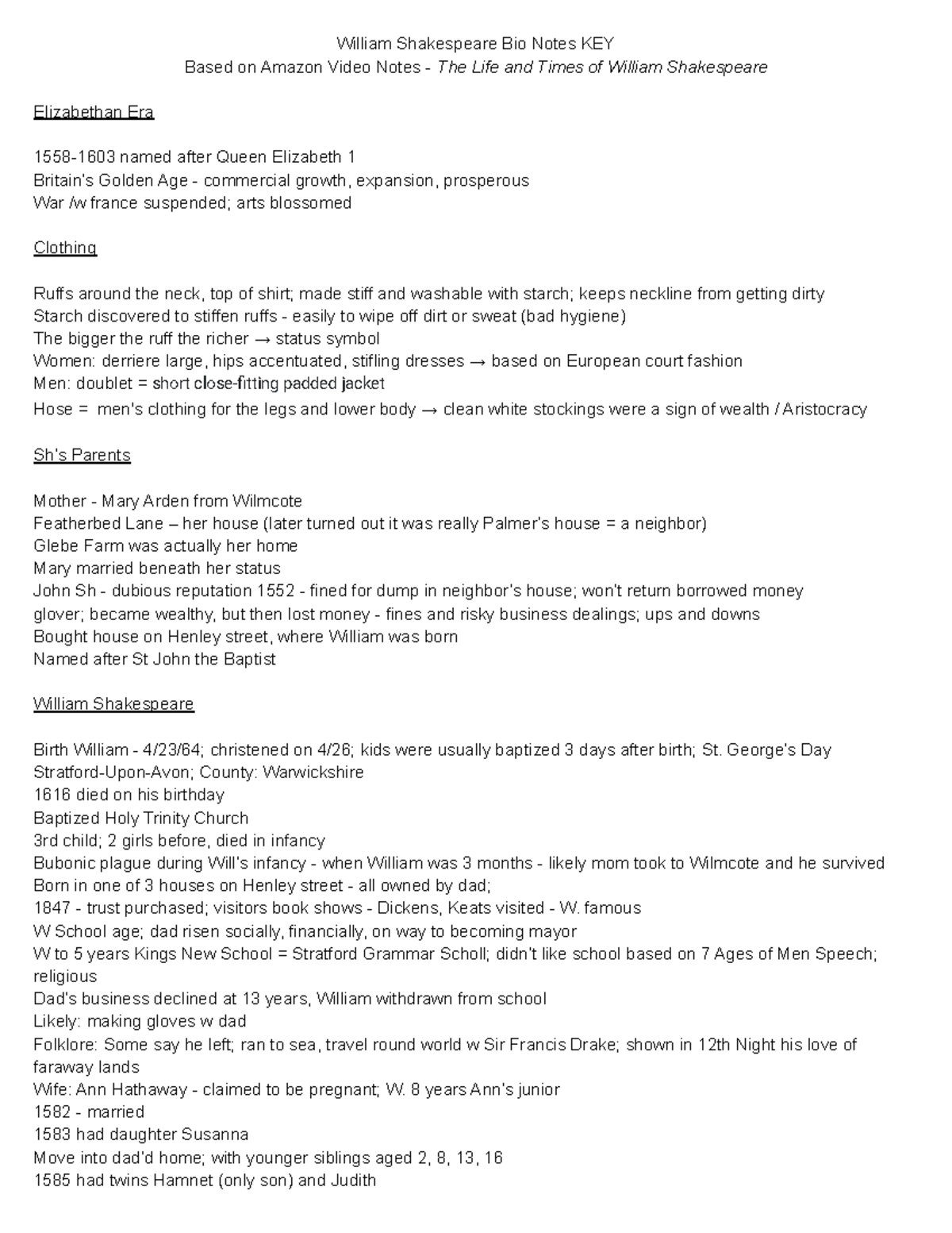 Shakespeare Bio Notes KEY - William Shakespeare Bio Notes KEY Based on ...