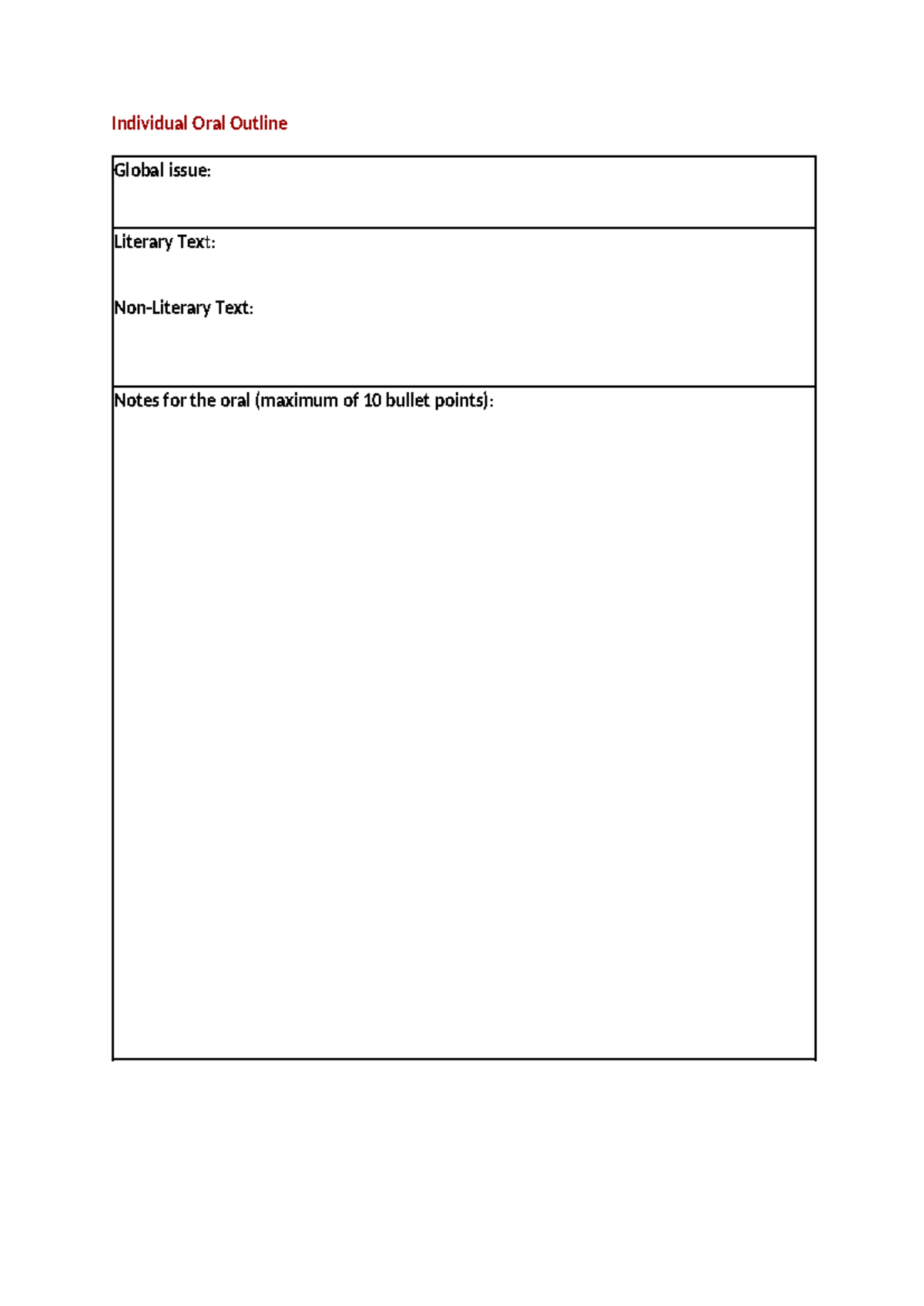 Individual Oral Outline (Blank) - English Introduction - Individual ...