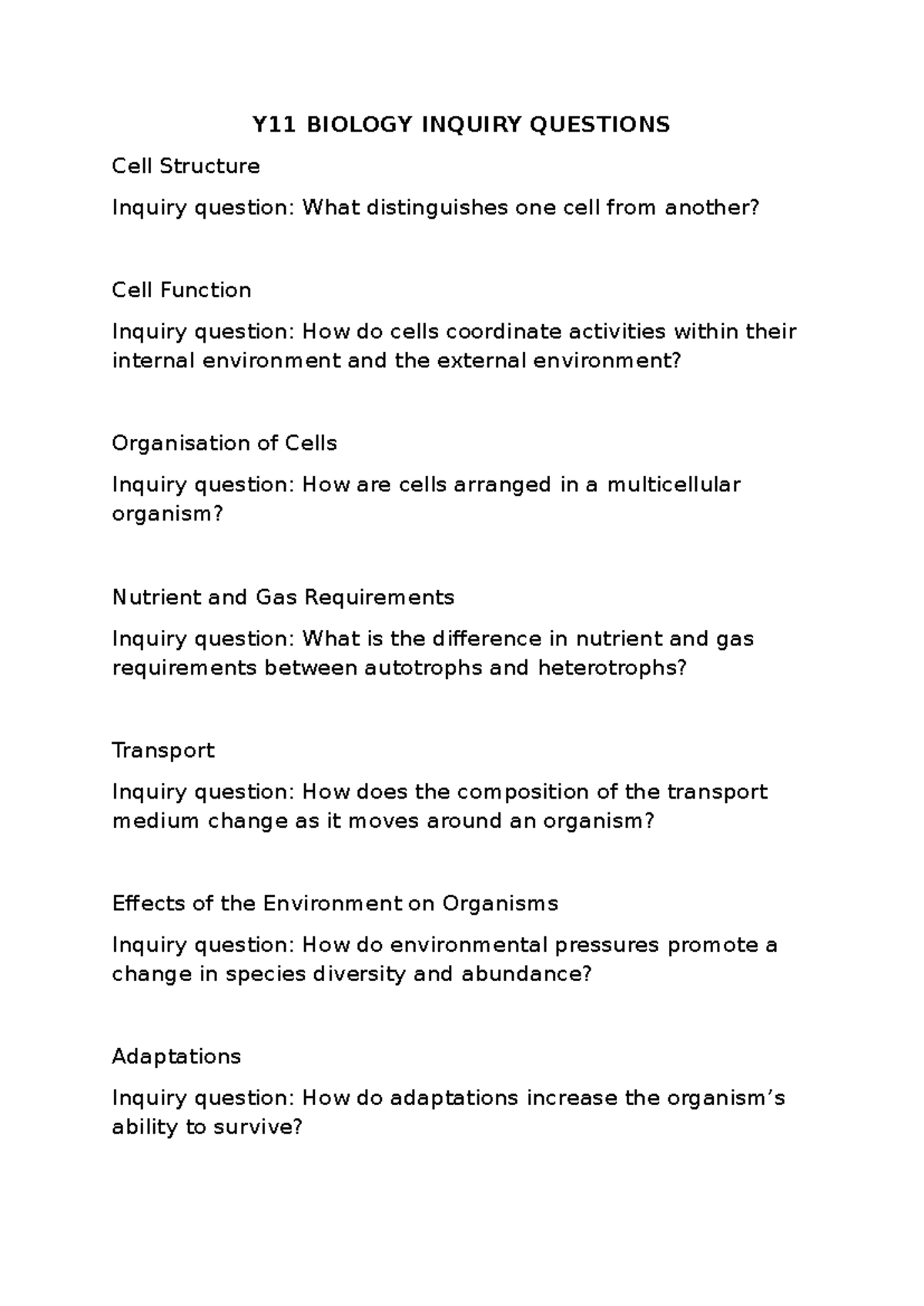 Y11 Biology inquiry questions - Y11 BIOLOGY INQUIRY QUESTIONS Cell ...