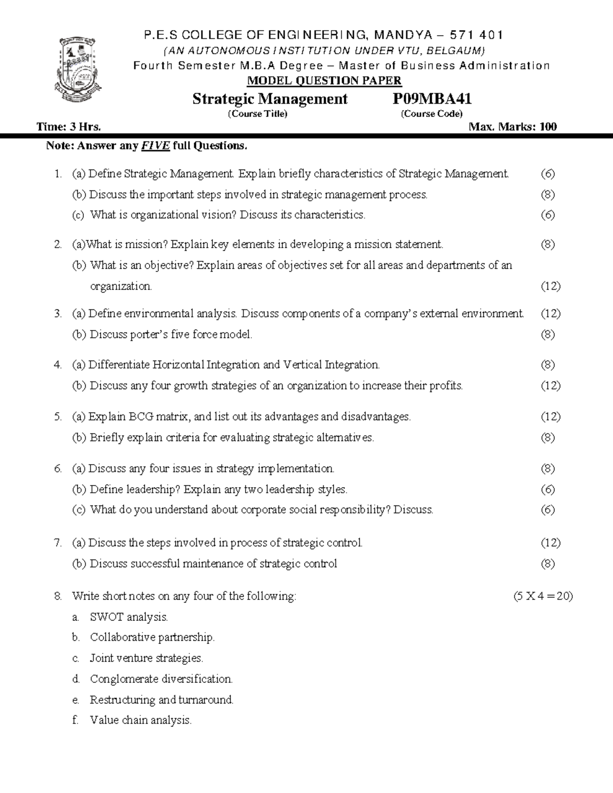 Ism model paper - strategic maangement - P.E COLLEGE OF EN GI N EERI N ...