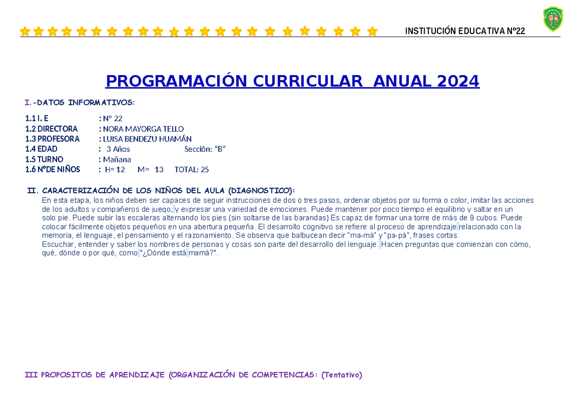 Programación Curricular Anual 2024 IE 22 - PROGRAMACIÓN CURRICULAR ANUAL 2024 I.-DATOS ...