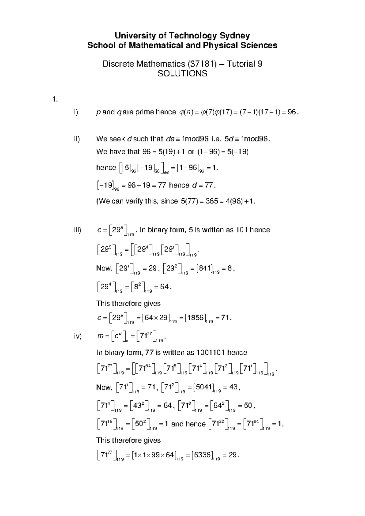 37181 Tut9 sols - math wrksheet - University of Technology Sydney ...