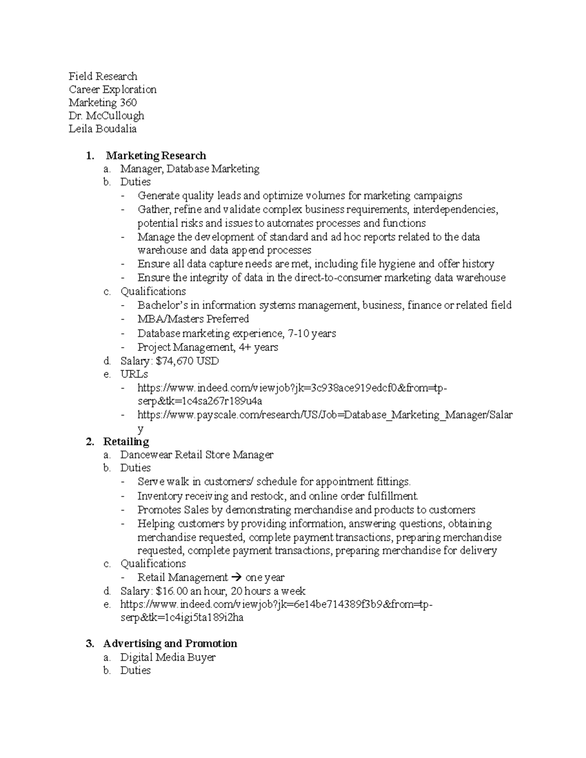 Field Research MKTG 360 - Field Research Career Exploration Marketing ...