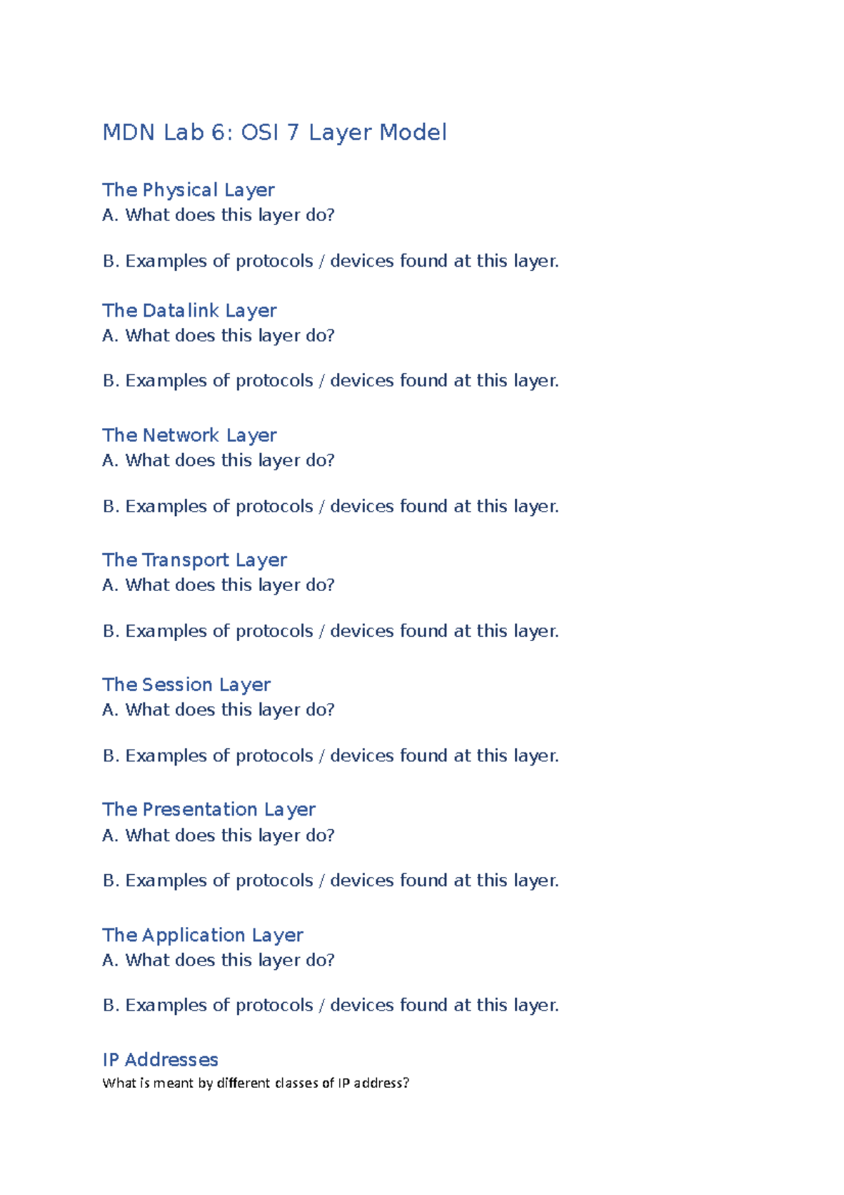 MDN Lab 6 - OSI 7 Layers - MDN Lab 6: OSI 7 Layer Model The Physical Layer A. What does this ...