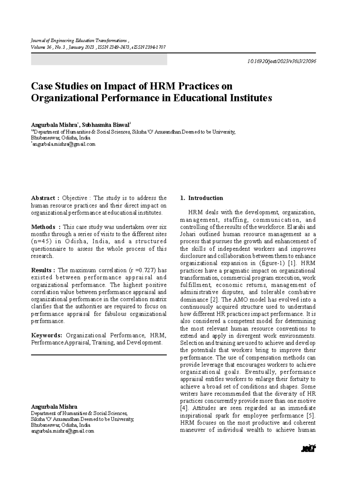 Jan 2023-37-44 - Case studies for HRM - 10/jeet/2023/v36i3/ Case Studies on Impact of HRM ...