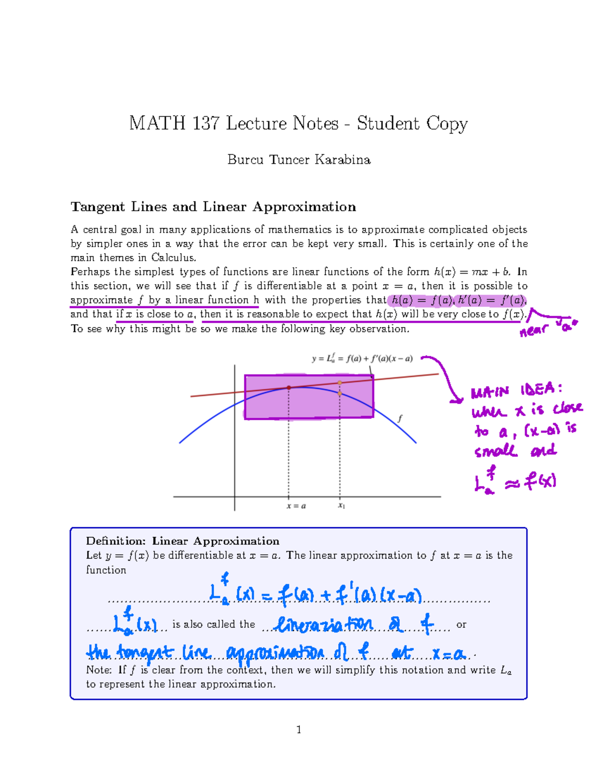 MATH 137 Week 7 - MATH 137 Lecture Notes - Student Copy Burcu Tuncer ...