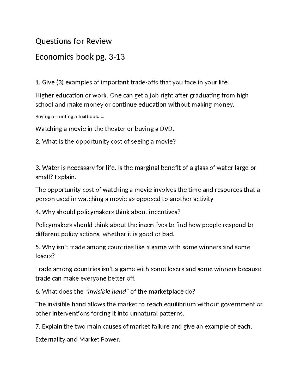 Econ Questions for Review pg 3-13 - Questions for Review Economics book ...