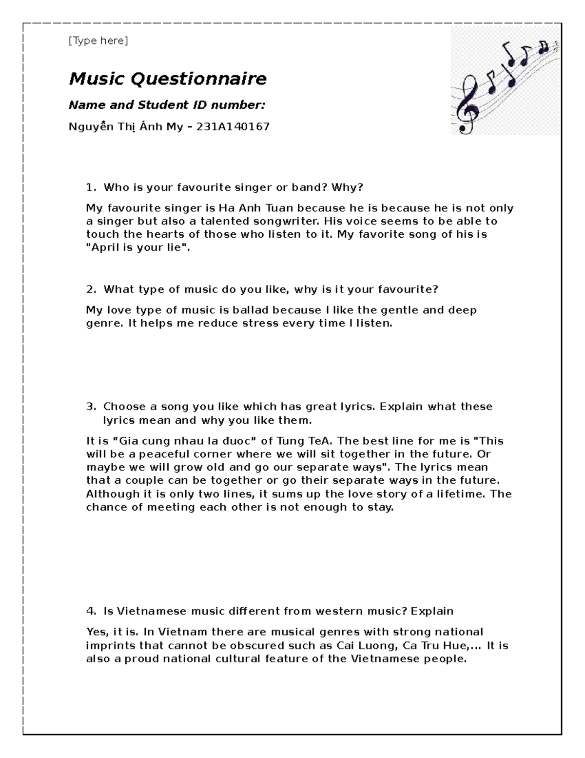 Music Questionnaire - nna - [Type here] Music Questionnaire Name and ...