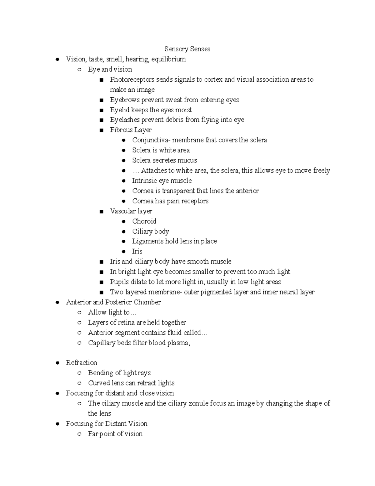 Anatomy and Phys Ch. 15 Notes - Sensory Senses Vision, taste, smell ...