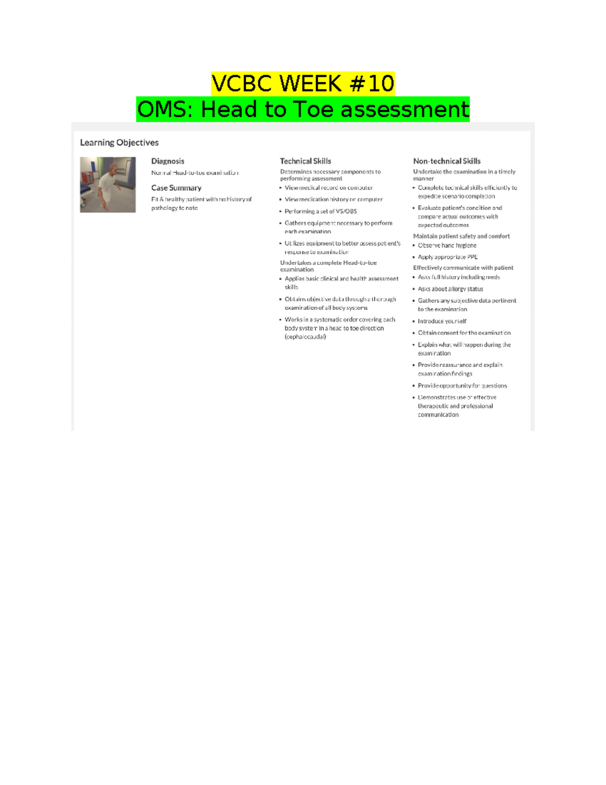 VCBC WEEK 10 - vcbc - VCBC WEEK 10 OMS: Head to Toe assessment Learning ...