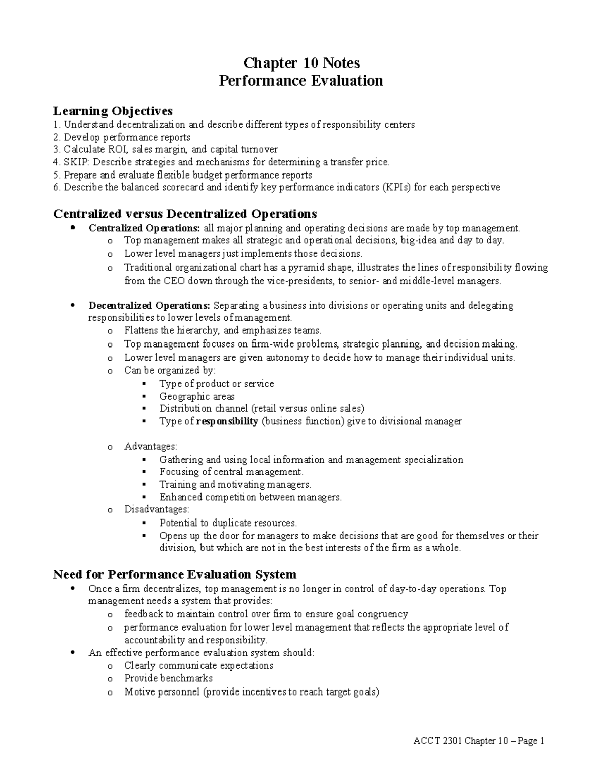 22a Ch10 Student - notes - Chapter 10 Notes Performance Evaluation ...