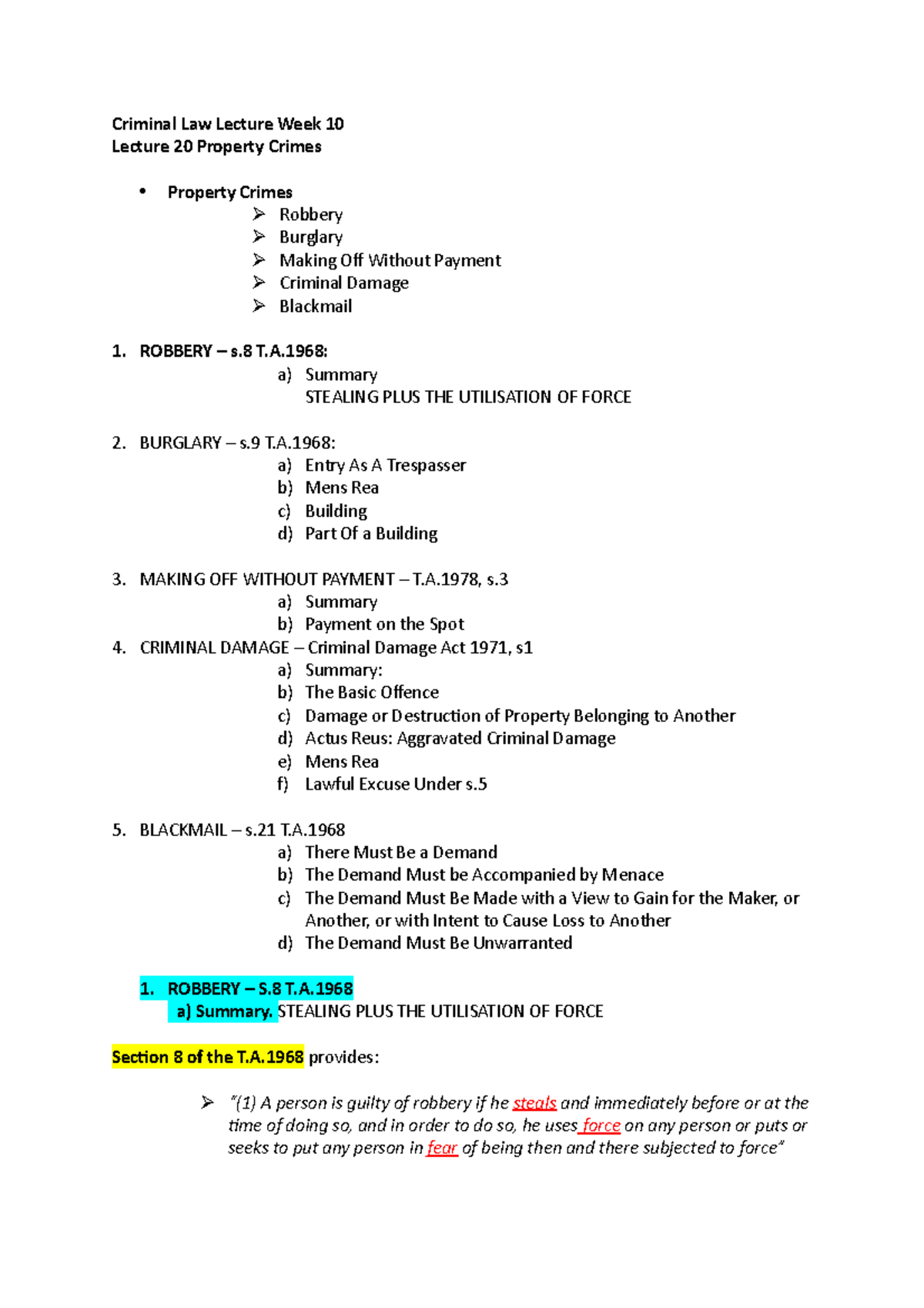 Criminal Law Lecture Week 10 - A: a) Summary STEALING PLUS THE ...