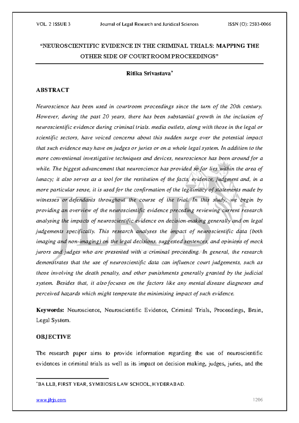 Neuroresearch - “NEUROSCIENTIFIC EVIDENCE IN THE CRIMINAL TRIALS ...