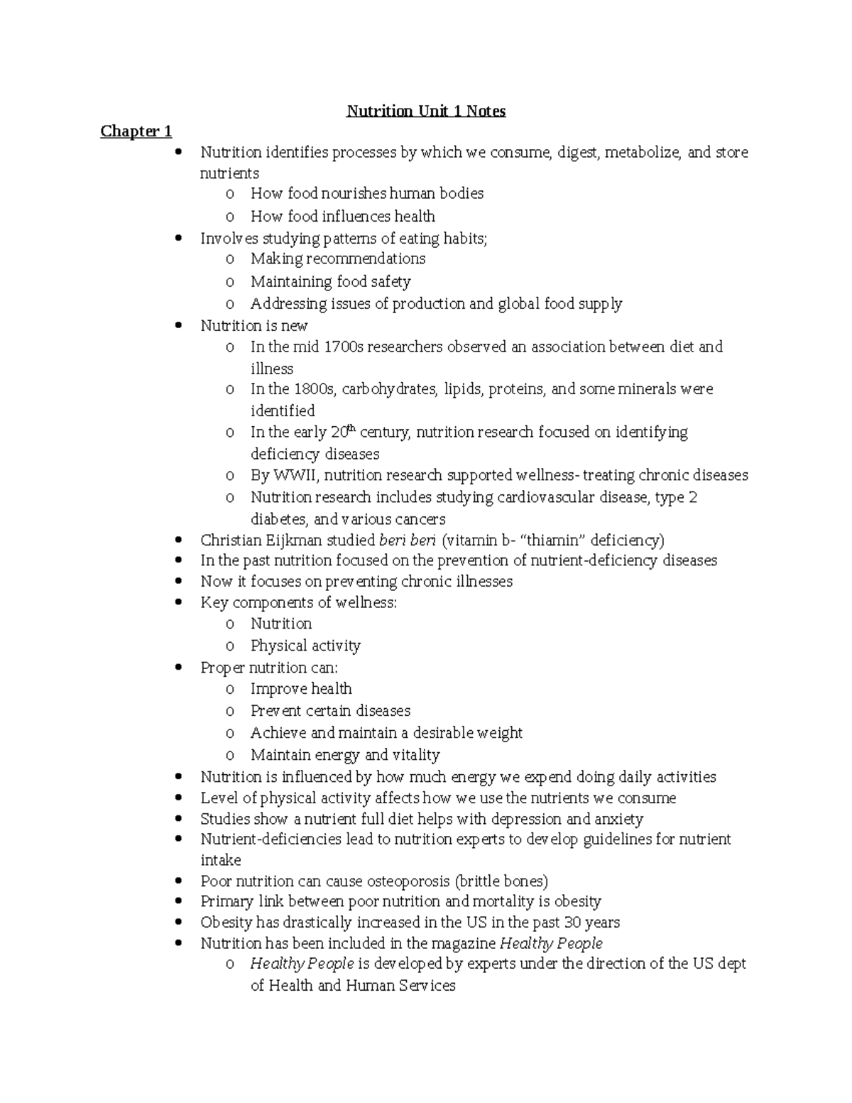 Nutrition Unit 1 Notes - Nutrition Unit 1 Notes Chapter 1 Nutrition ...