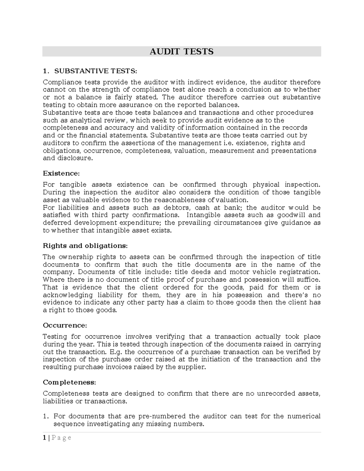 Audit Tests - short notes - AUDIT TESTS 1. SUBSTANTIVE TESTS ...