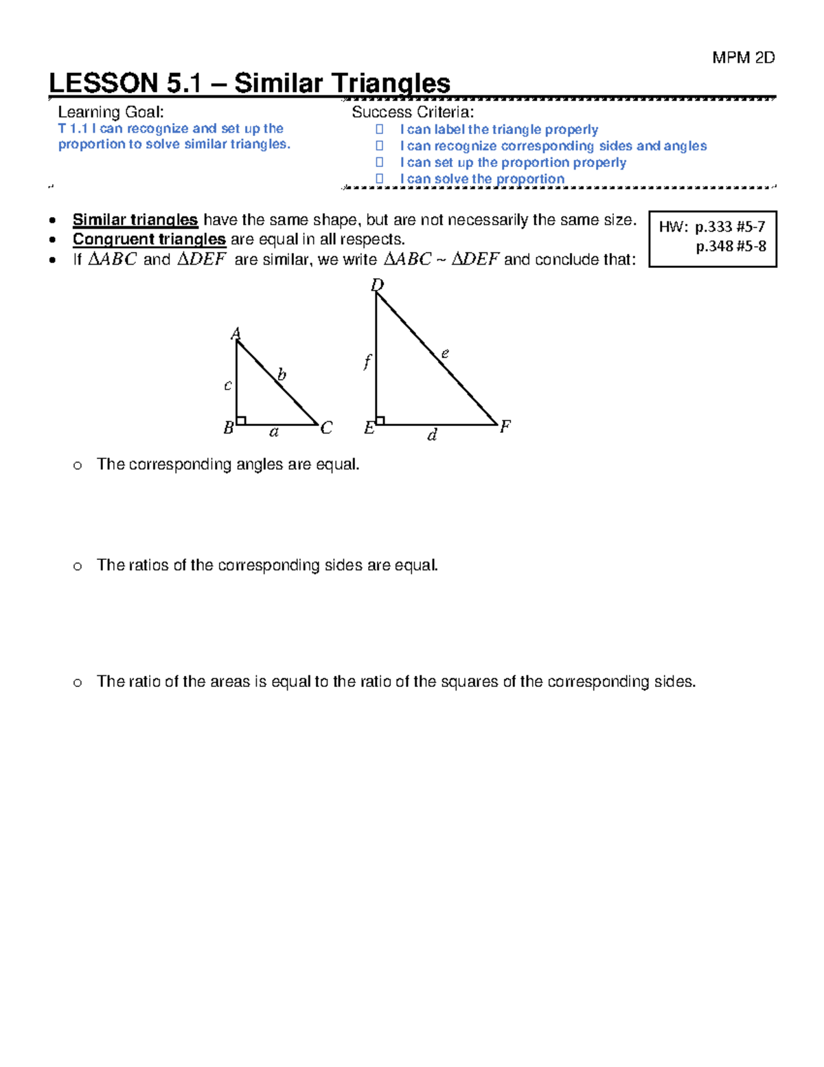5.1 - Similar Triangles - MPM 2D LESSON 5 – Similar Triangles Learning ...