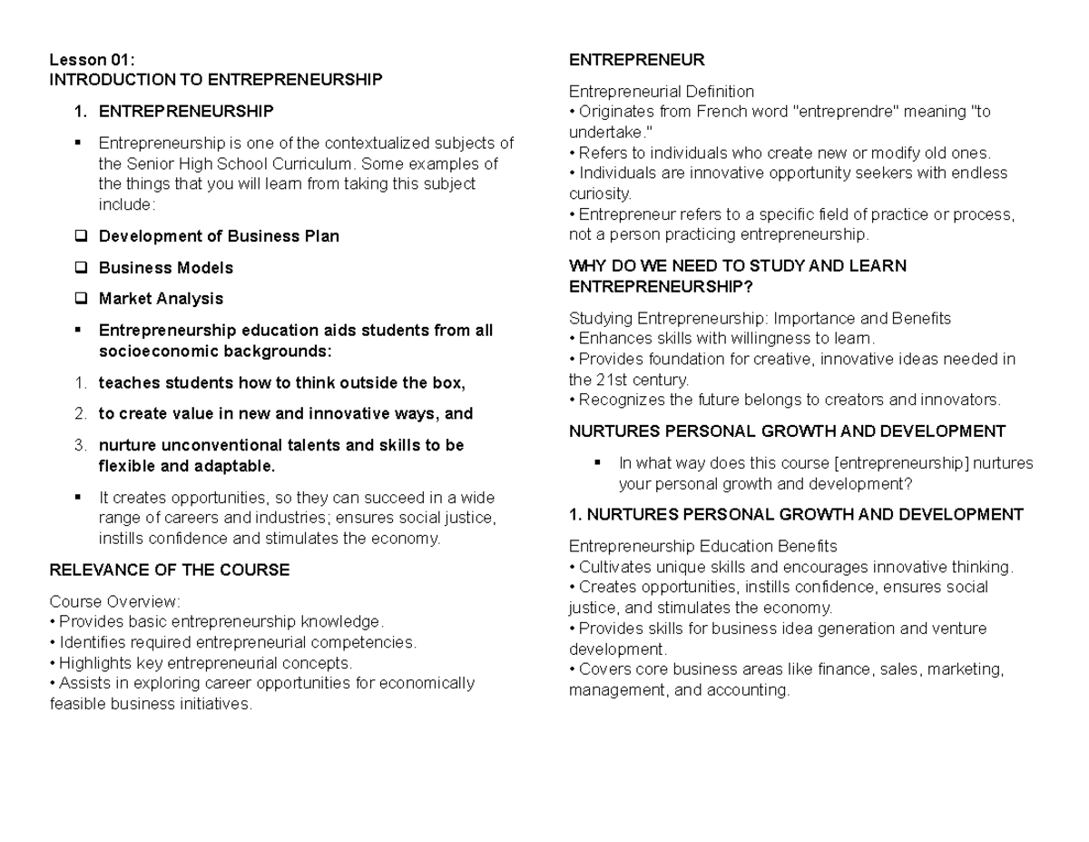 Entrep - Lesson 01: INTRODUCTION TO ENTREPRENEURSHIP 1. ENTREPRENEURSHIP Entrepreneurship is one ...
