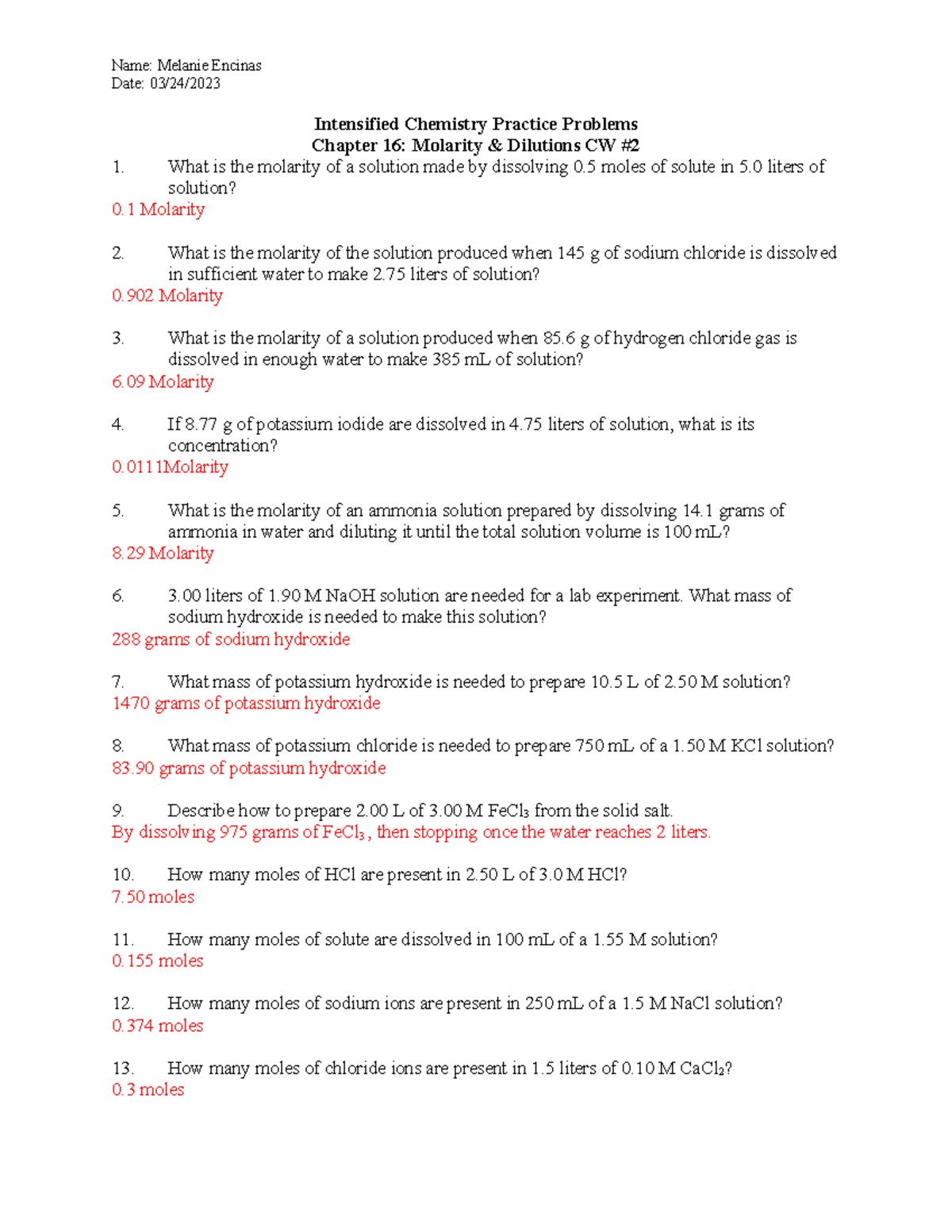 Ch 16 Molarity&Dilutions CW 2 - Name: Melanie Encinas Date: 03/24 ...