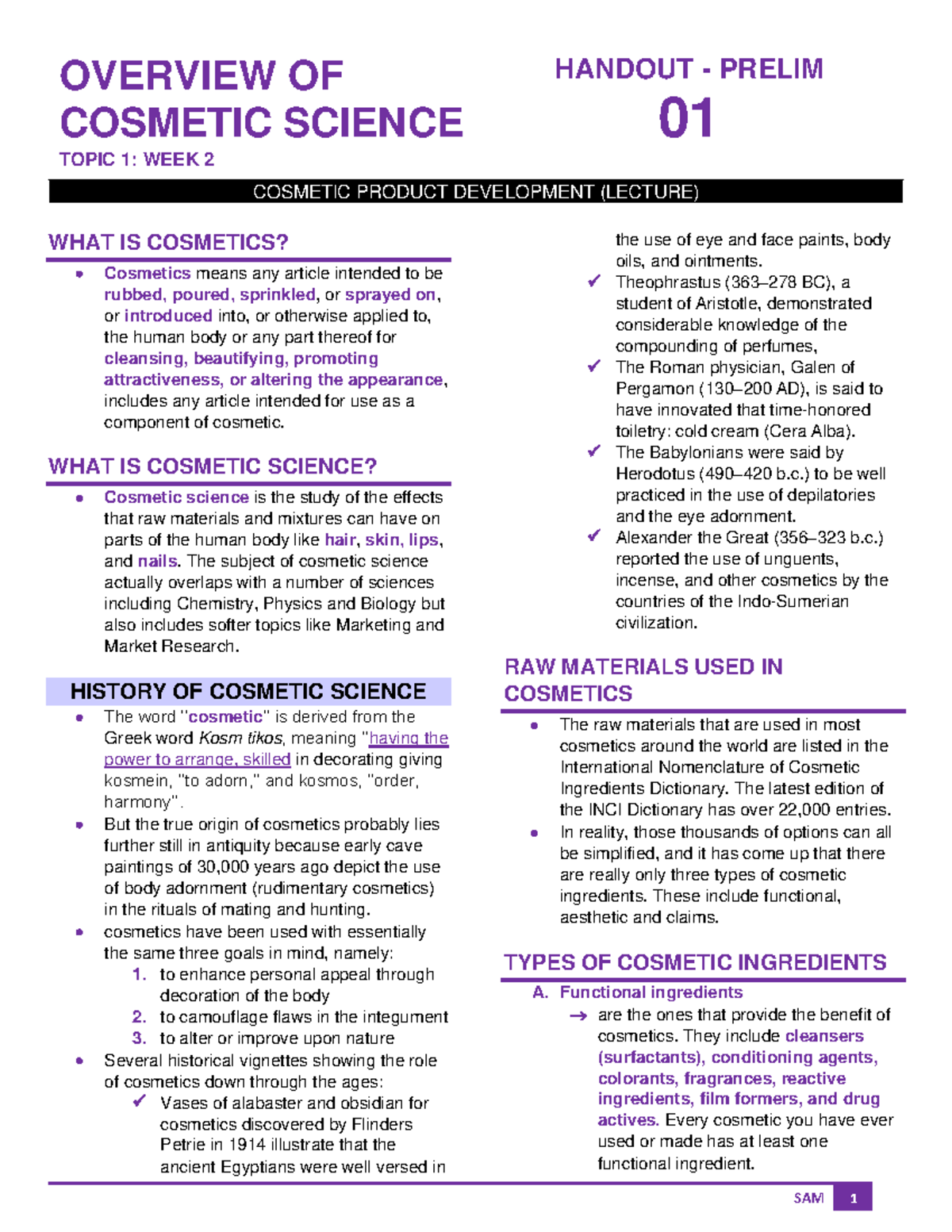 PHARAMACEUTICAL COSMETICS LABORATORY AND LECTURE - OVERVIEW OF COSMETIC ...