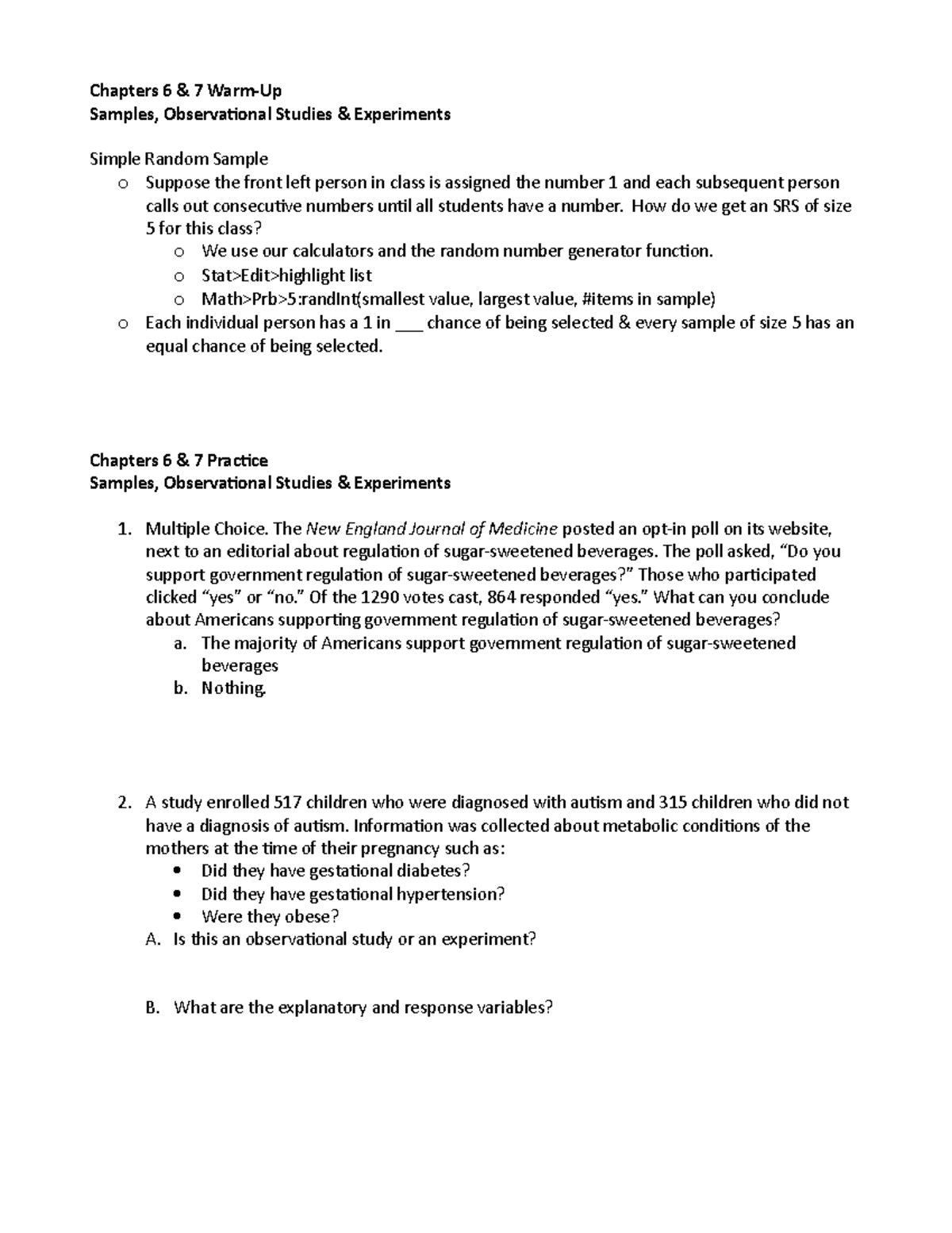 Ch 6 and 7 Practice - Chapters 6 & 7 Warm-Up Samples, Observational Studies & Experiments - Studocu