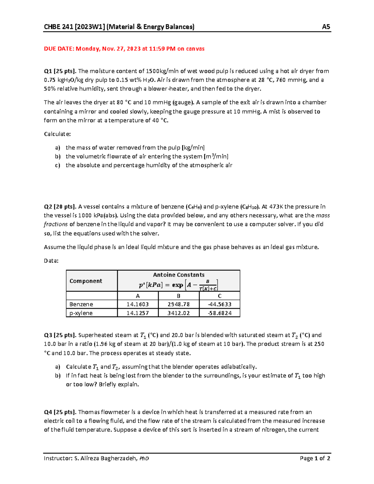 CHBE 241 [2023W1] A5 - Assignment 5 - CHBE 241 [20 23 W1] (Material ...