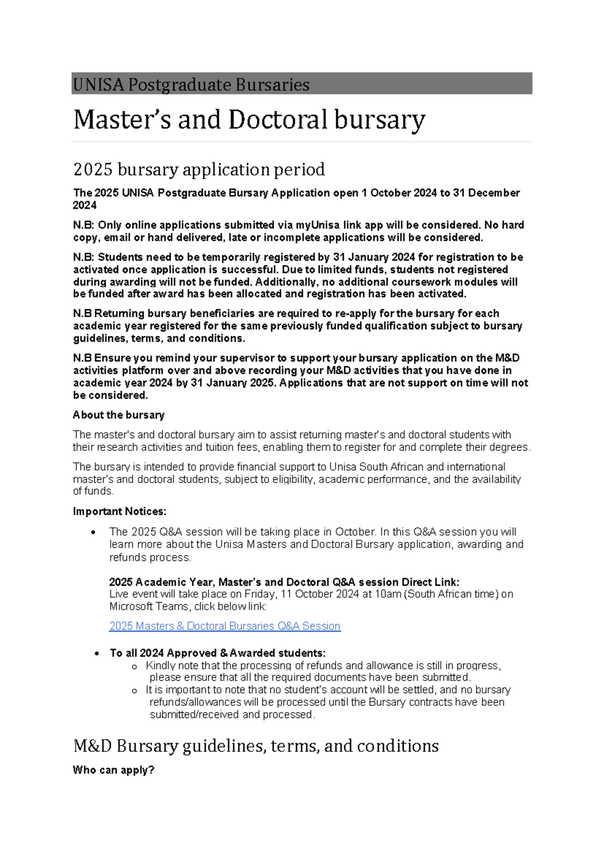 2025 MD Unisa Postgraduate Bursaries guidelines (003)ins - UNISA ...