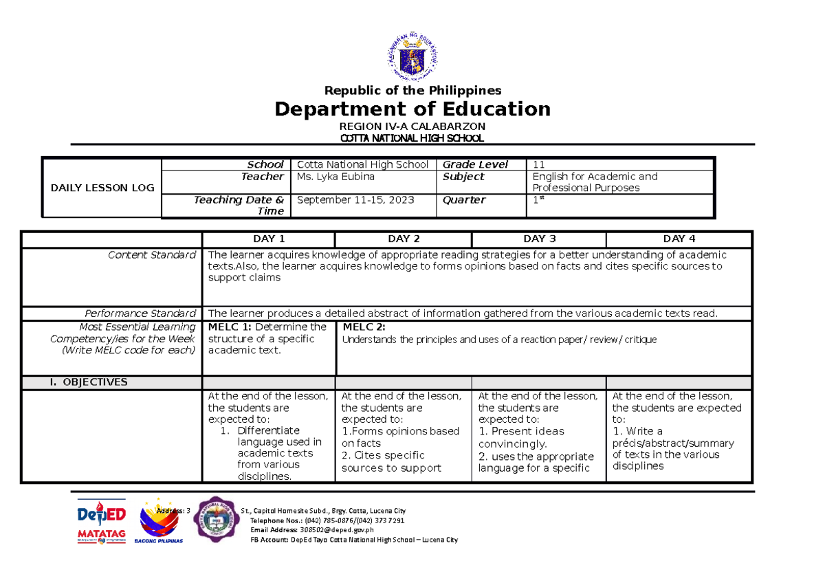 EAP-Week2 - Lesson Plan for Week 2 - Department of Education REGION IV ...