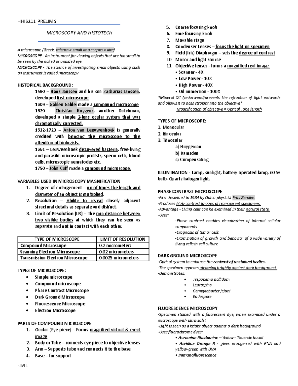 H HIS 211 Prelim Reviewer - MICROSCOPY AND HISTOTECH A microscope ...