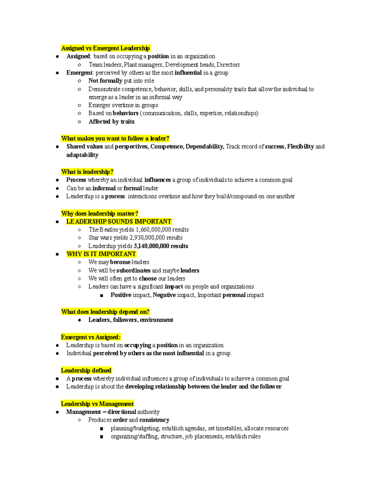 Comm 2600 Exam 1 Notes - Assigned vs Emergent Leadership Assigned ...