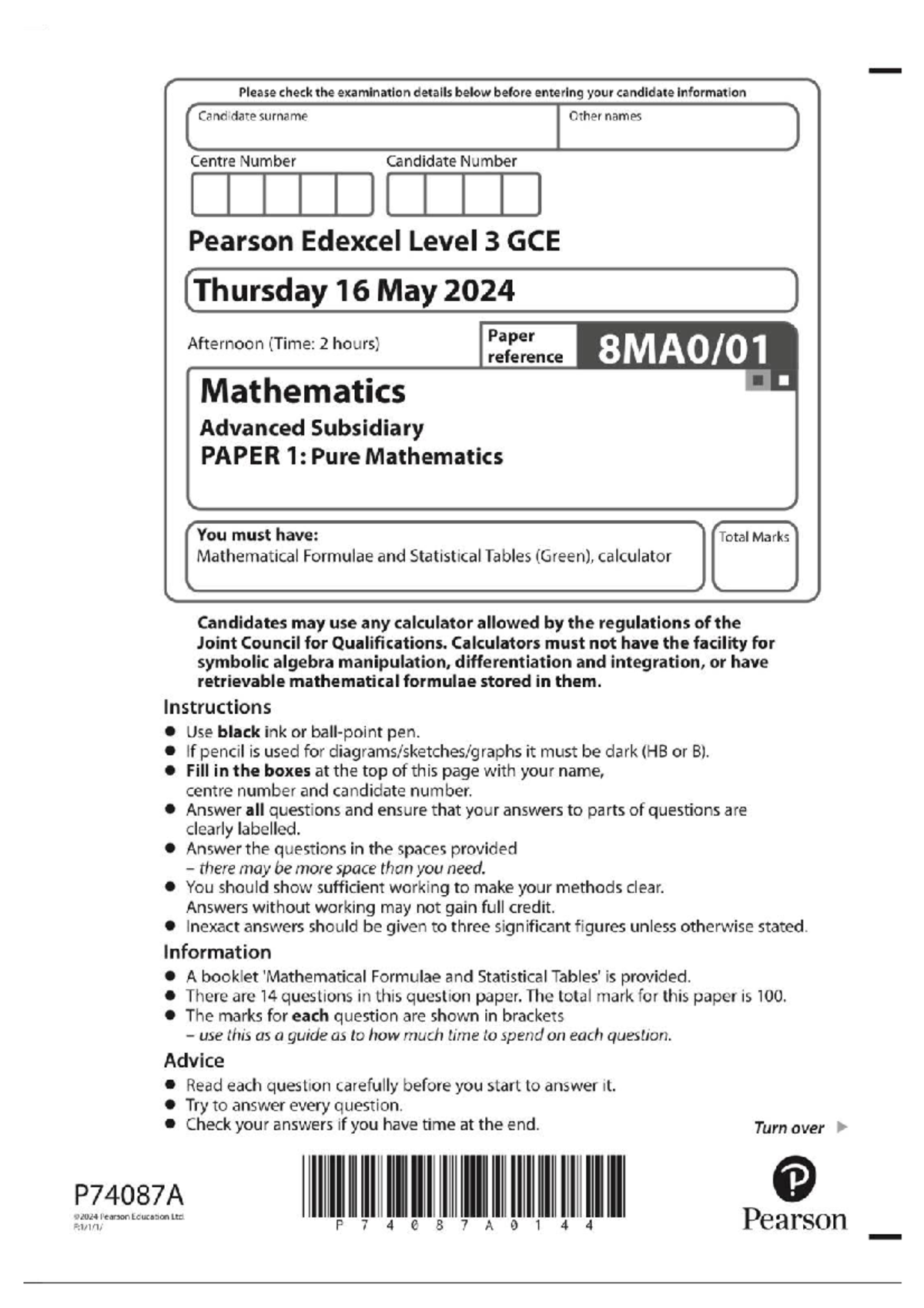 AS 2024 Maths Pure P1 MS pdf - Please check the examination details below before entering your ...