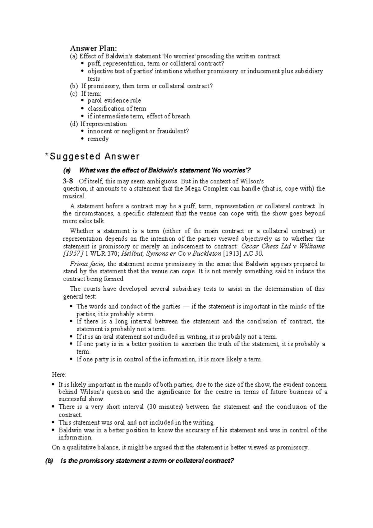 Q15 - Answer Plan: (a) Effect of Baldwin's statement 'No worries ...