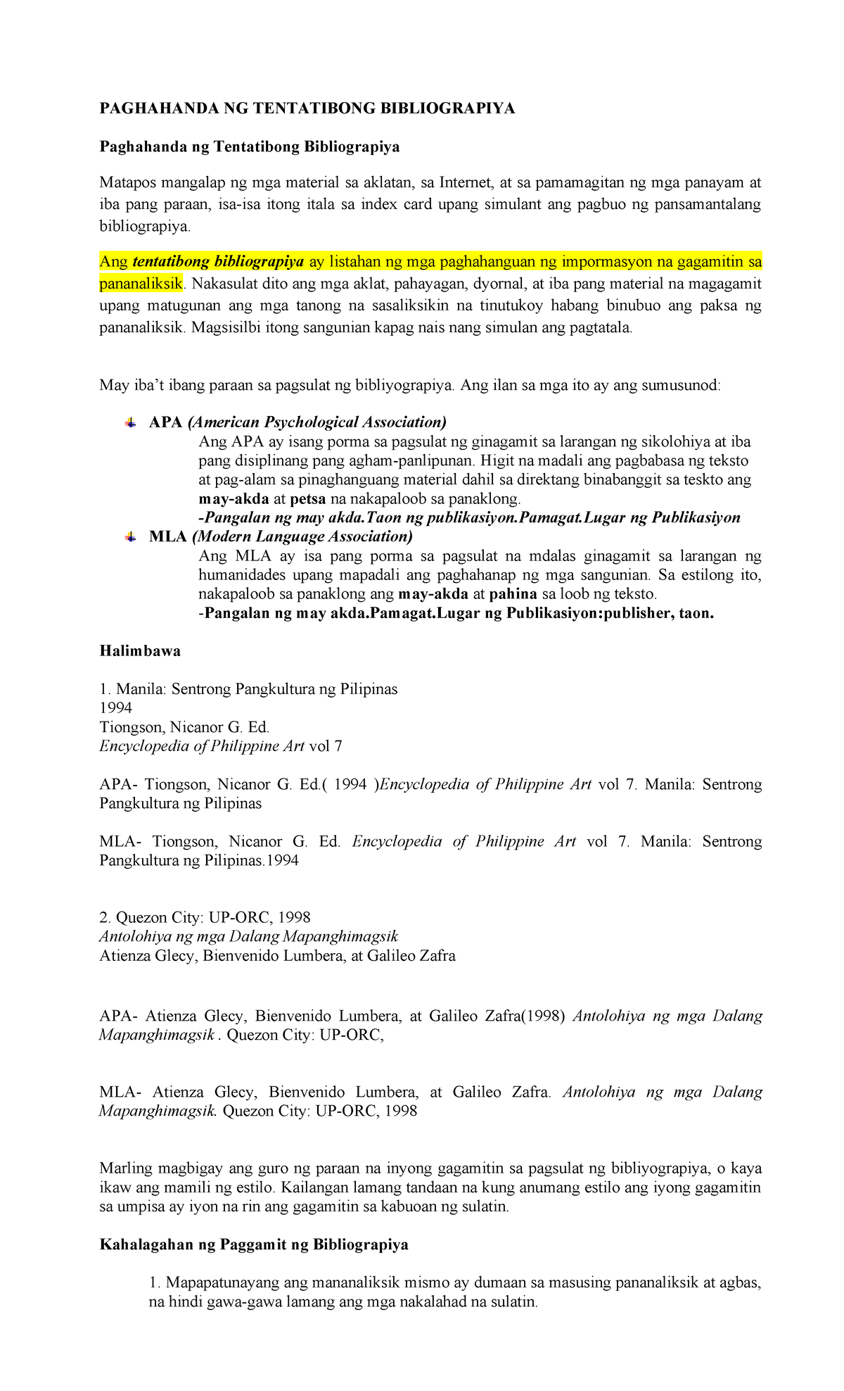 Bibliograpiya - MLA/APA formats - PAGHAHANDA NG TENTATIBONG ...