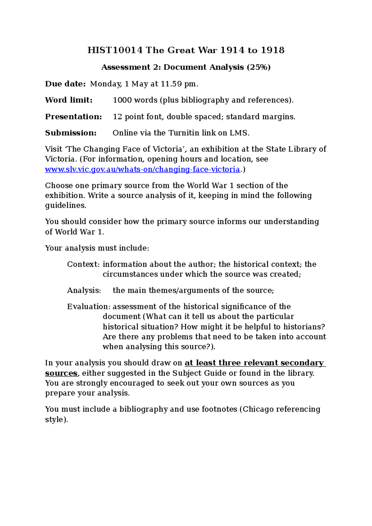 Assessment 2 - Document analysis - HIST10014 The Great War 1914 to 1918 ...