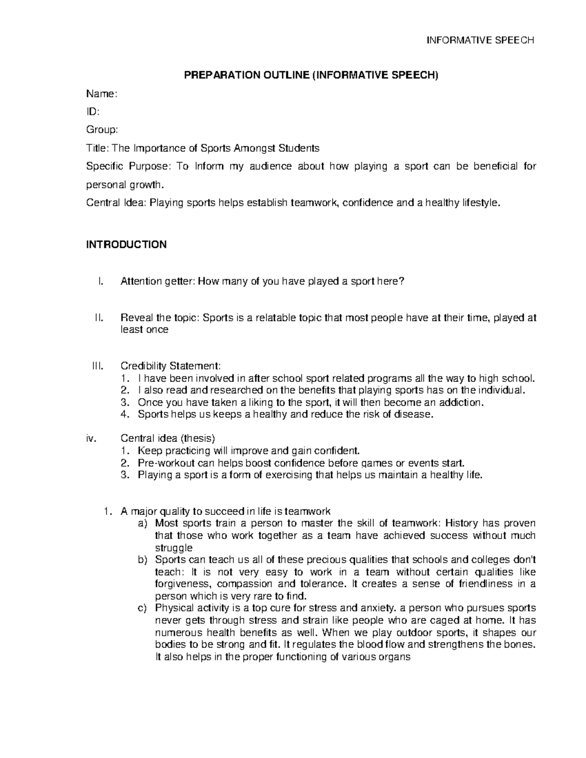 Individual Speech - INFORMATIVE SPEECH PREPARATION OUTLINE (INFORMATIVE ...