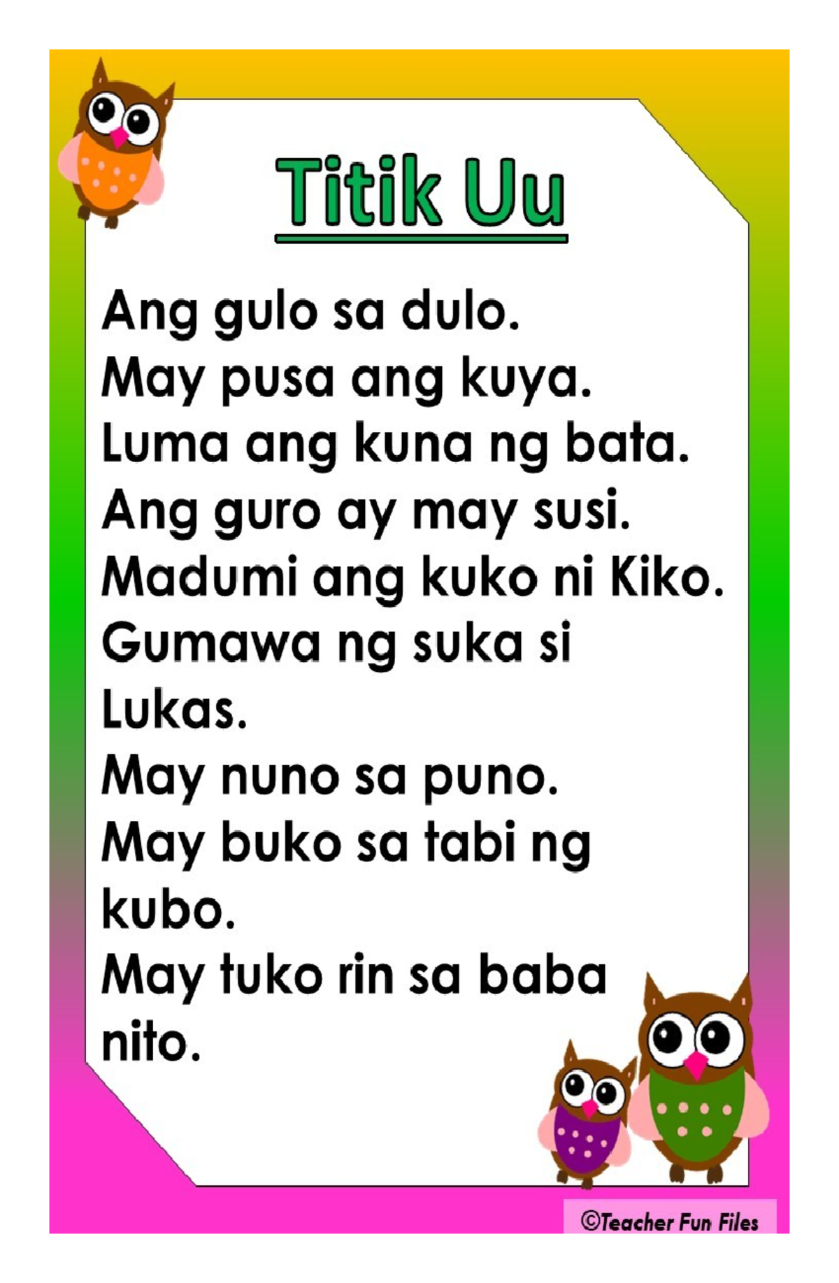 Filipino reading passages a, e, i, o and u - Titik Uu Ang gulo sa dulo ...