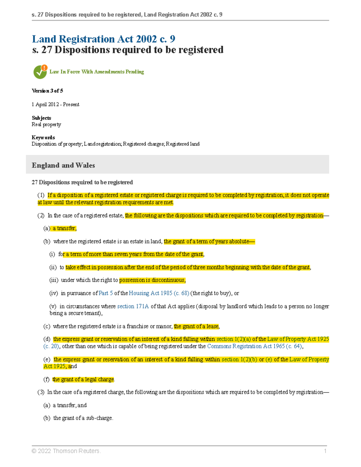 LRA 2002 s 27 Dispositions required to be registered 1 - Land ...