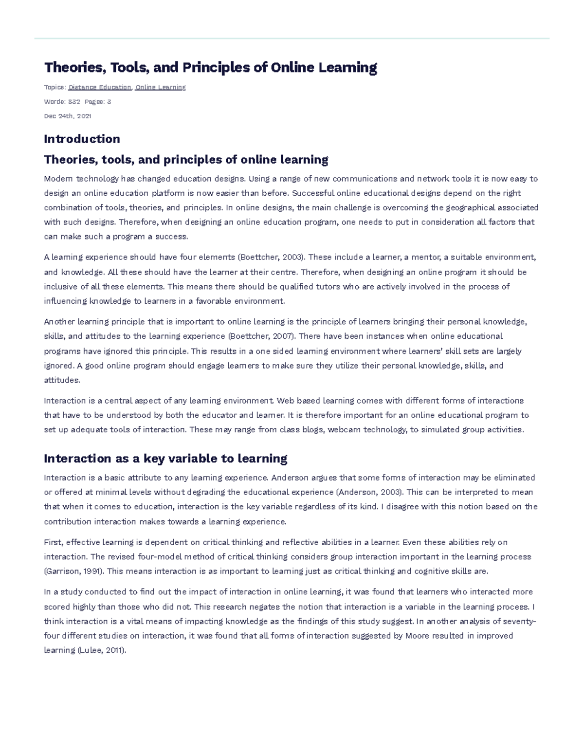 Theories, Tools, and Principles of Online Learning Free Essay Example ...