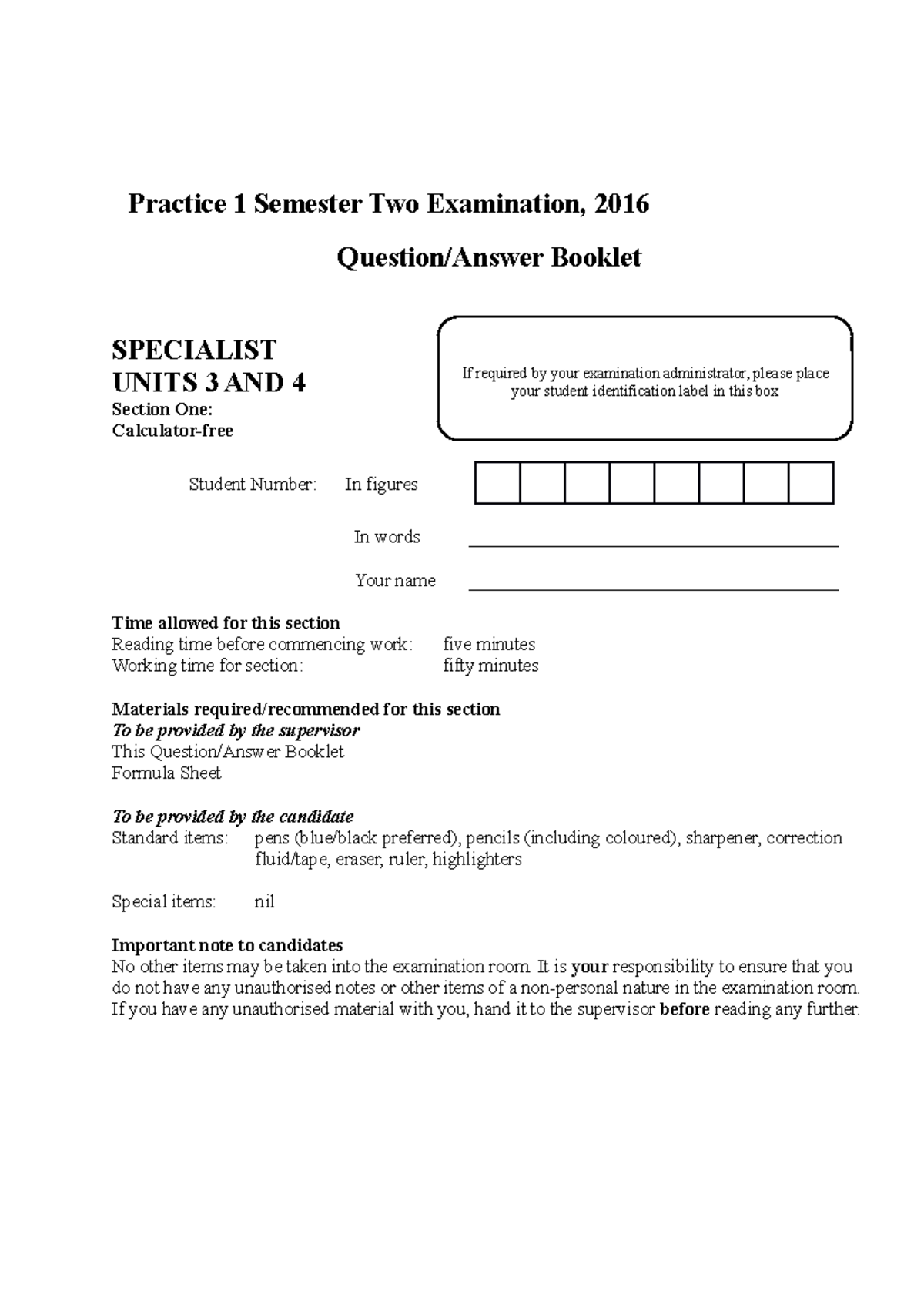 Math 2 - really helpful - Practice 1 Semester Two Examination, 2016 ...