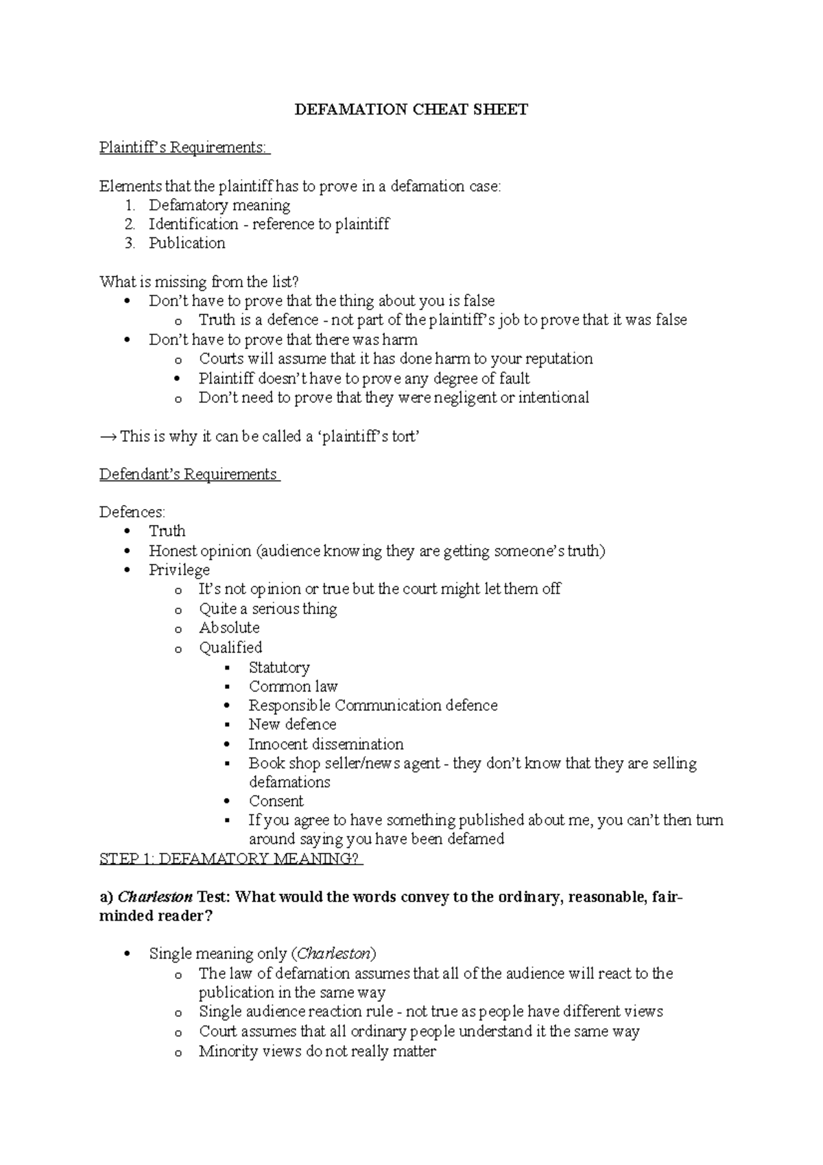 Defamation Cheat Sheet - DEFAMATION CHEAT SHEET Plaintiff’s ...