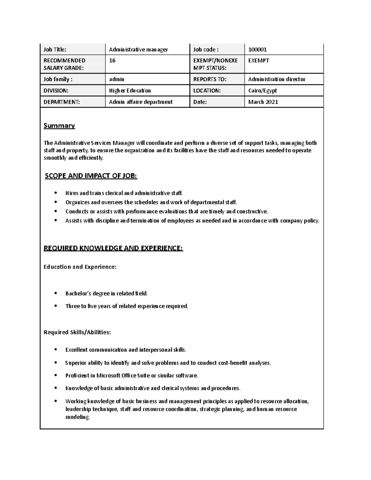 Job description - Job Title: Administrative manager Job code : 100001 ...