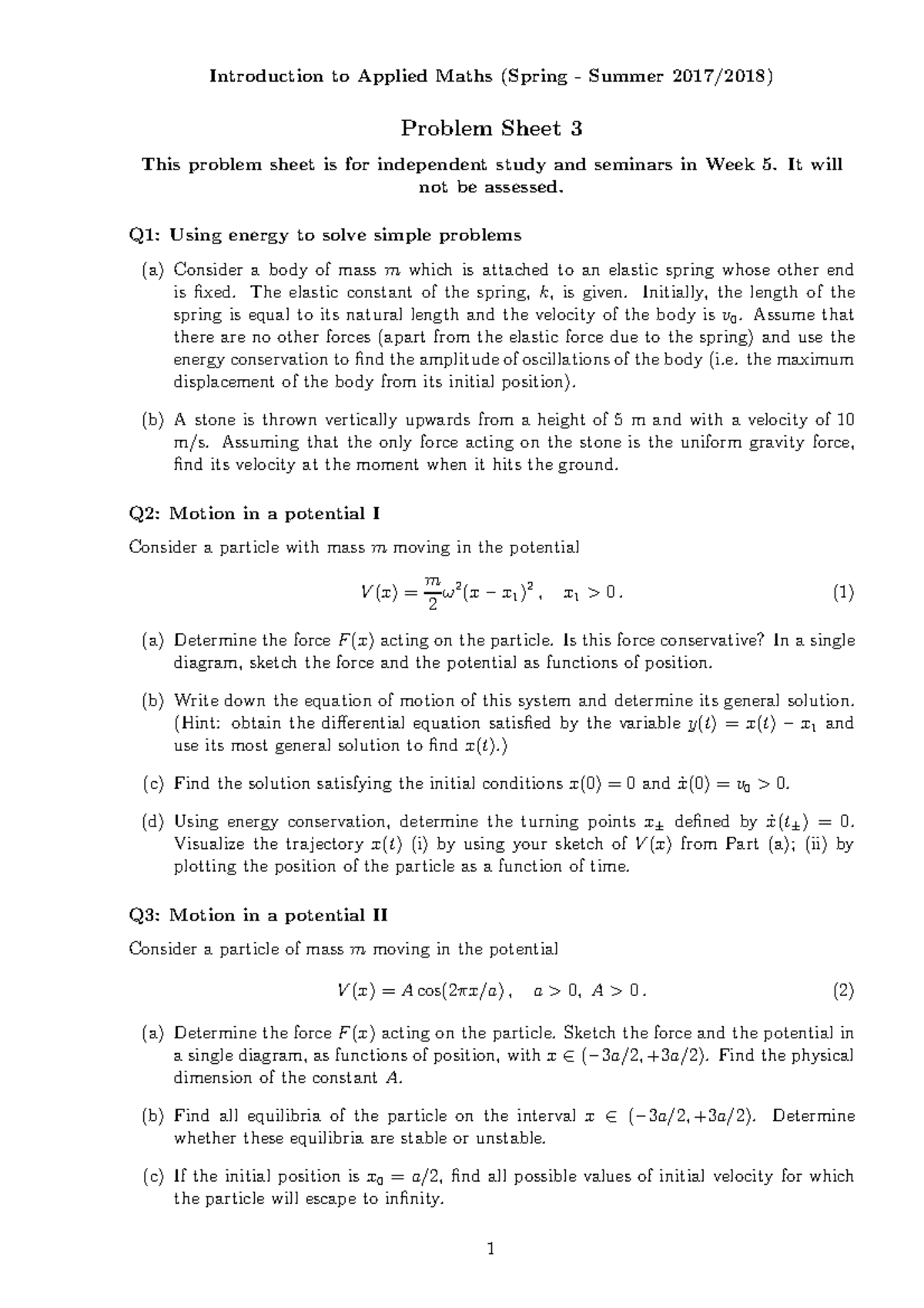2018 IAM Problem Sheet 3 - Introduction to Applied Maths (Spring ...