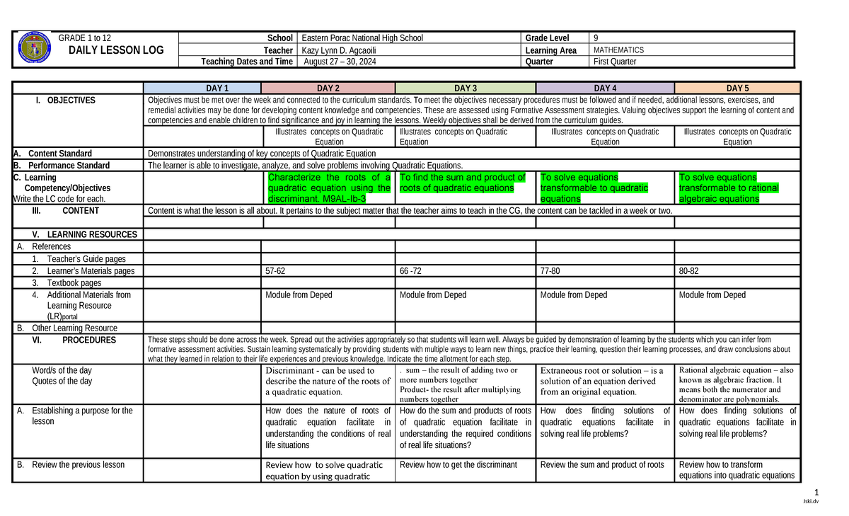 Week5 Grade 9 - LESSON PLAN - GRADE 1 to 12 DAILY LESSON LOG School ...