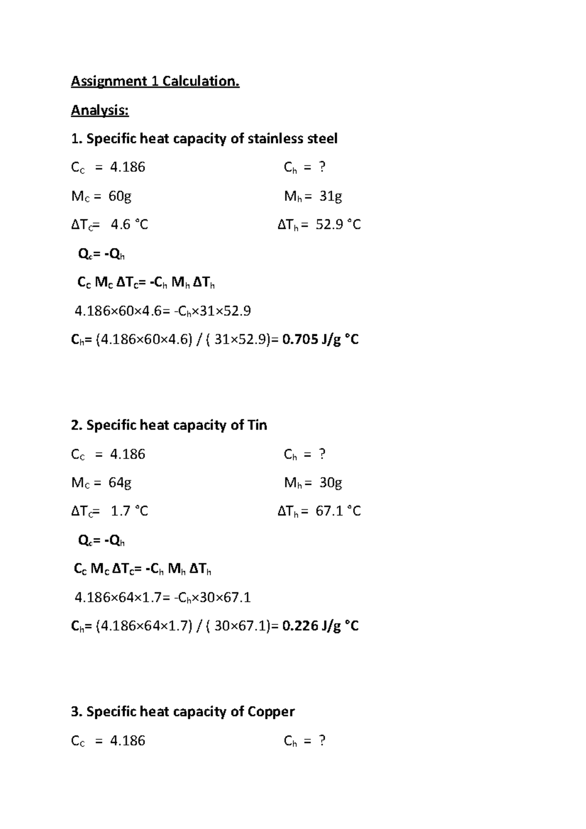 Assignment 1 Calculation - Assignment 1 Calculation. Analysis: Specific ...