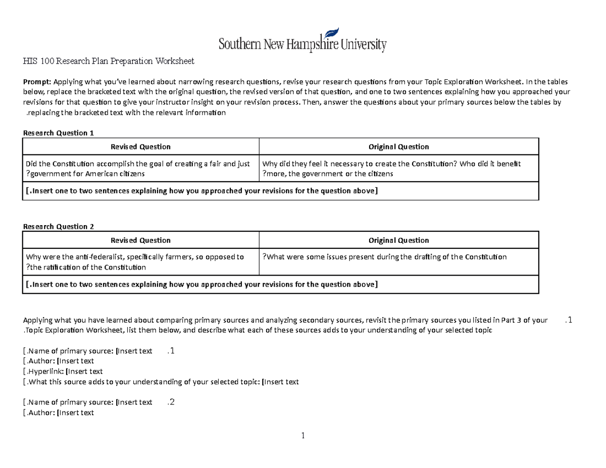 HIS 100 Research Plan Preparation Worksheet - HIS 100 Research Plan ...