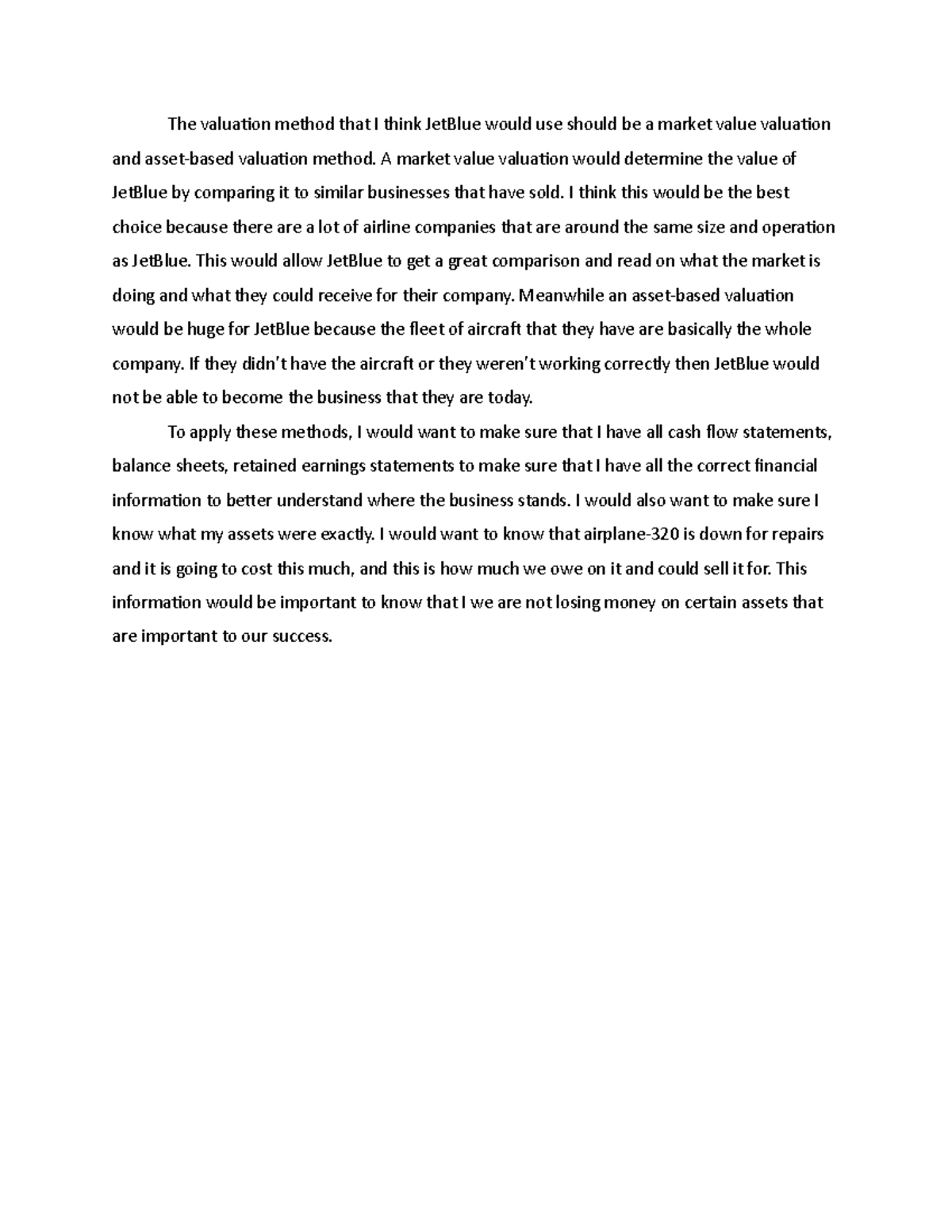 Acc-345 Discussion 6-2 - The valuation method that I think JetBlue ...