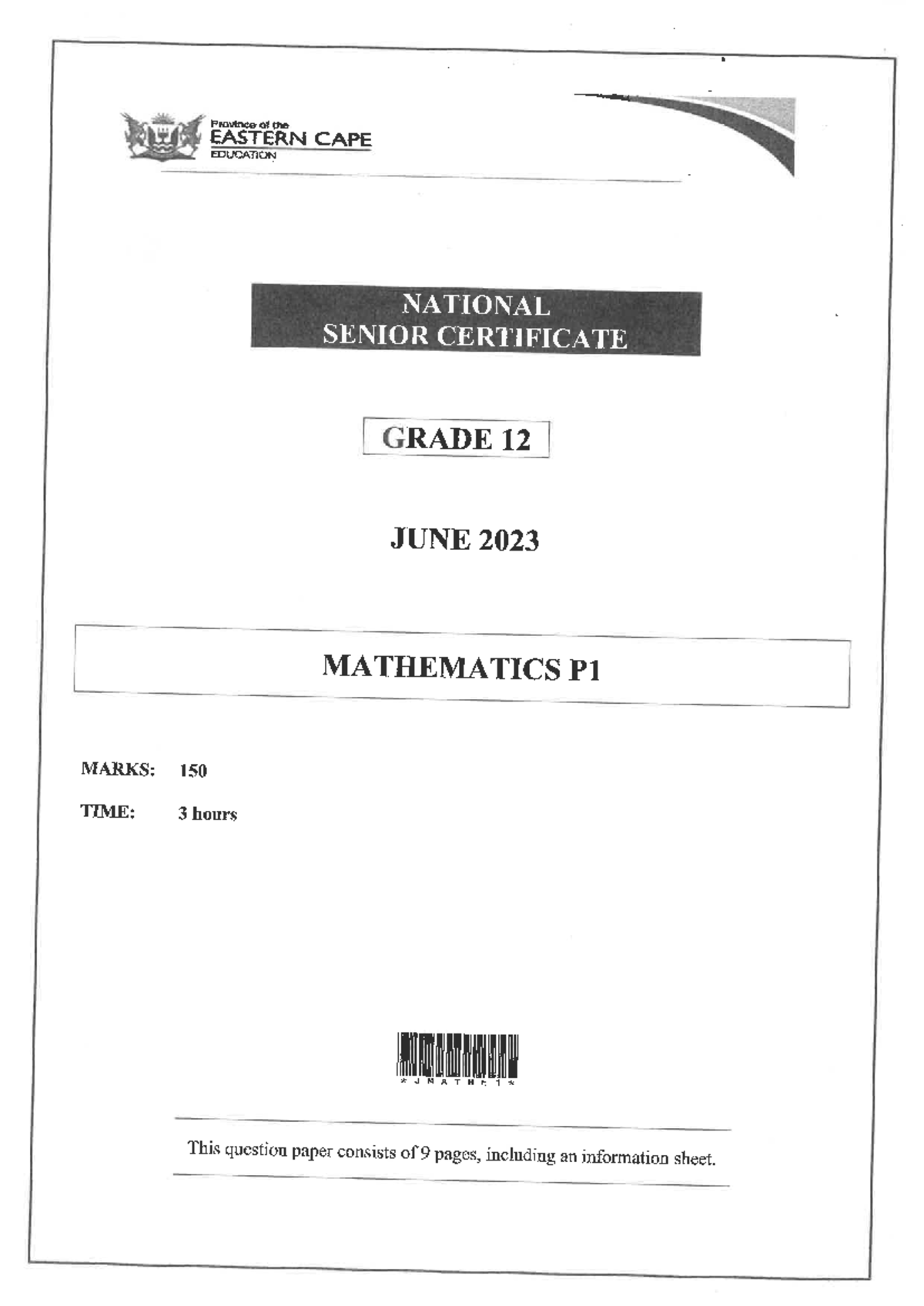 2023 Grade 12 Maths June Paper 1 - Province of the EASTERN CAPE ...
