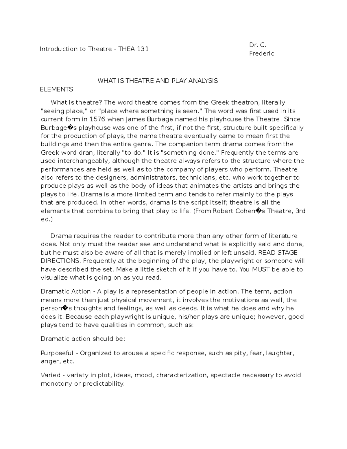 Introduction-to-Theatre - Introduction to Theatre - THEA 131 Dr. C ...
