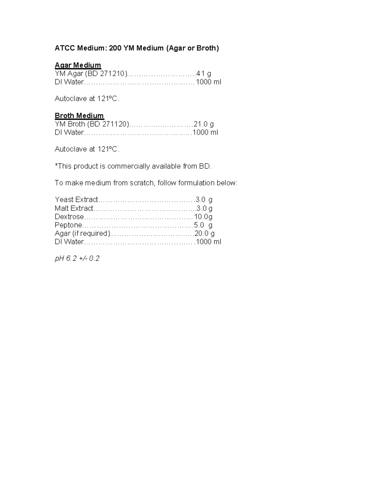 ATCC Medium 200 - Resumen Microbiología - ATCC Medium: 200 YM Medium (Agar or Broth) Agar Medium ...