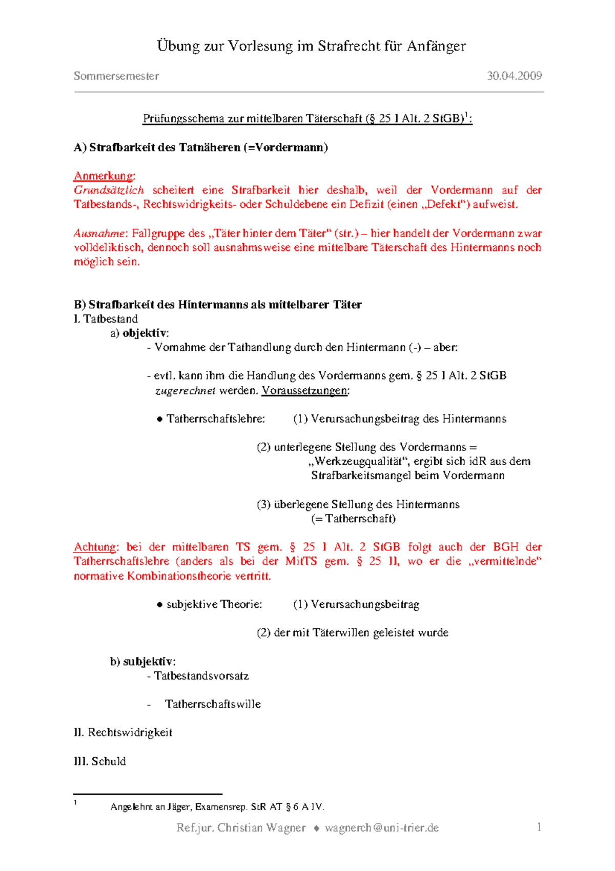 Pruefungsschema zur mittelbaren Taeterschaft - Übung zur Vorlesung im ...