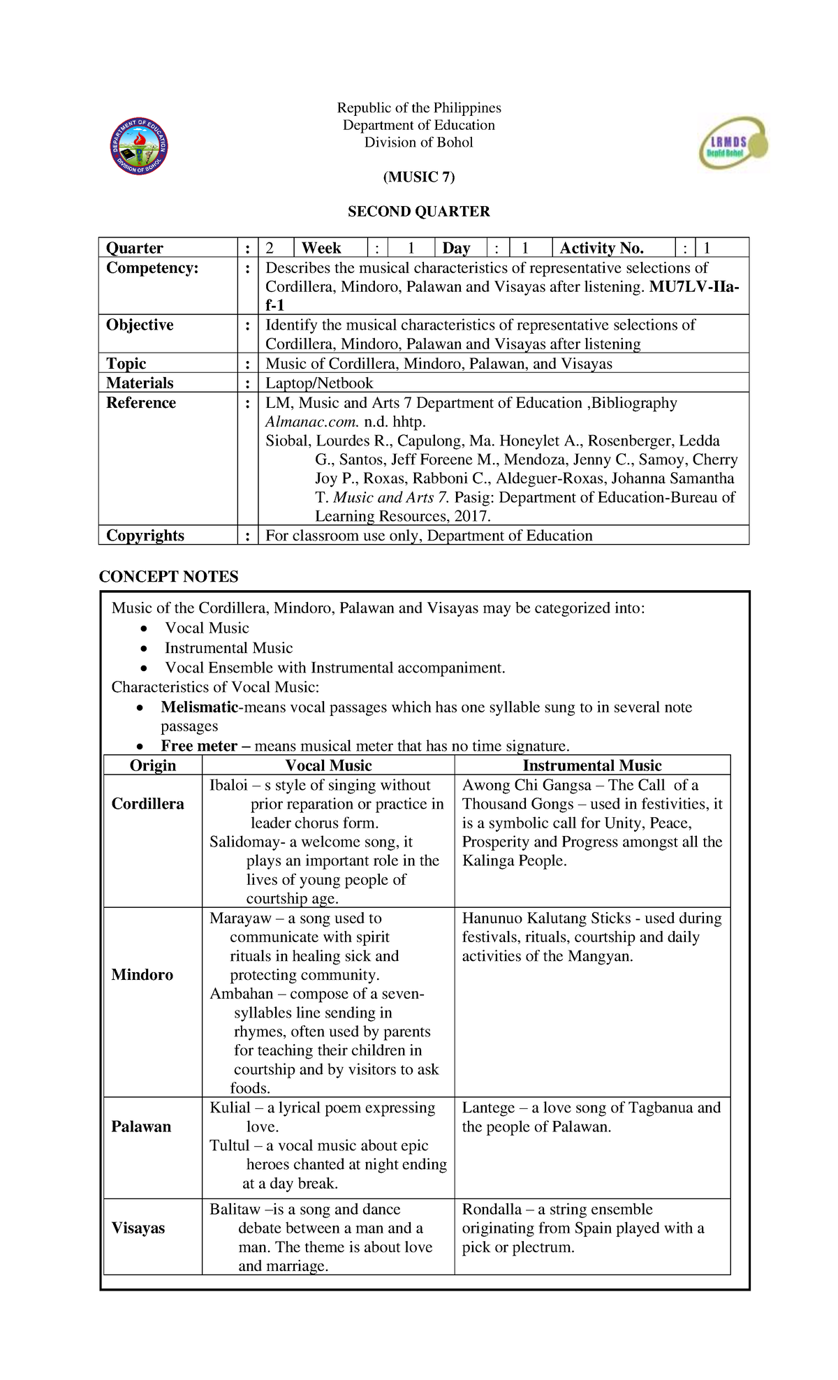 Music 7 Q2 Wk1 - Republic of the Philippines Department of Education ...